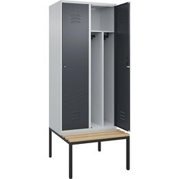 C+P Schwarz-Weiß-Spind Classic PLUS Sitzbank, schmal, 2 Abteile, Trennwand verkürzt, lichtgrau / grau, B 800 mm, Zylinderschloss, untergebaut, Buche-Hartholz