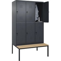 C+P Doppelstock-Spind Classic PLUS Sitzbank, 3 Abteile, grau, B 1200 mm, Sicherheits-Drehriegel, untergebaut, Buche-Hartholz