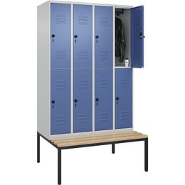 C+P Doppelstock-Spind Classic PLUS Sitzbank, 4 Abteile, lichtgrau / fernblau, B 1200 mm, Sicherheits-Drehriegel, untergebaut, Buche-Hartholz