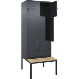 C+P Z-Spind Classic PLUS Sitzbank, 2 Abteile, grau, B 800 mm, Sicherheits-Drehriegel, untergebaut, Buche-Hartholz
