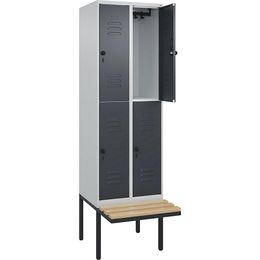 C+P Doppelstock-Spind Classic PLUS Sitzbank, 2 Abteile, lichtgrau / grau, B 600 mm, Sicherheits-Drehriegel, auskragend, Buche-Hartholz