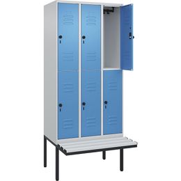 C+P Doppelstock-Spind Classic PLUS Sitzbank, 3 Abteile, lichtgrau / lichtblau, B 900 mm, Sicherheits-Drehriegel, auskragend, Kunststoff