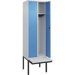 C+P Spind Classic PLUS Sitzbank, 2 Abteile, lichtgrau / lichtblau, B 600 mm, Zylinderschloss, auskragend, Kunststoff