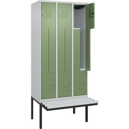 C+P Z-Spind Classic PLUS Sitzbank, 3 Abteile, lichtgrau / resedagrün, B 900 mm, Zylinderschloss, auskragend, Kunststoff