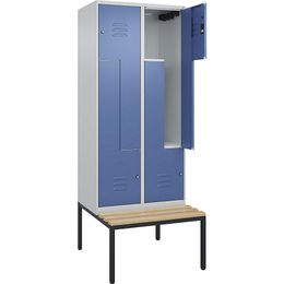 C+P Z-Spind Classic PLUS Sitzbank, 2 Abteile, lichtgrau / fernblau, B 800 mm, Zylinderschloss, untergebaut, Buche-Hartholz