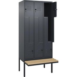 C+P Z-Spind Classic PLUS Sitzbank, 3 Abteile, grau, B 900 mm, Sicherheits-Drehriegel, auskragend, Buche-Hartholz