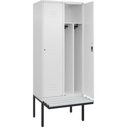 C+P Schwarz-Weiß-Spind Classic PLUS Sitzbank, schmal, 2 Abteile, Trennwand verkürzt, verkehrsweiß, B 800 mm, Zylinderschloss, auskragend, Kunststoff