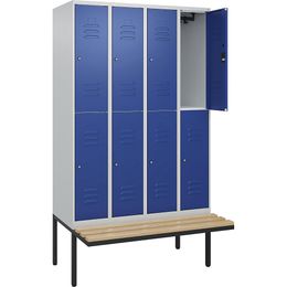 C+P Doppelstock-Spind Classic PLUS Sitzbank, 4 Abteile, lichtgrau / enzianblau, B 1200 mm, Zylinderschloss, auskragend, Buche-Hartholz