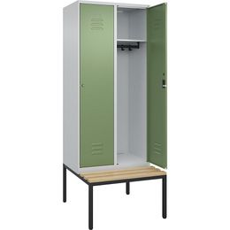 C+P Spind Classic PLUS Sitzbank, 2 Abteile, lichtgrau / resedagrün, B 800 mm, Zylinderschloss, untergebaut, Buche-Hartholz