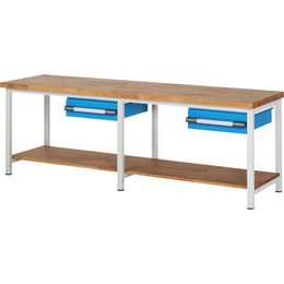 eurokraft pro Werkbank, Gestellbauweise Serie 8000, 2 Schubladen 150 mm, 2 Ablageböden, BxT 2500 x 700 mm