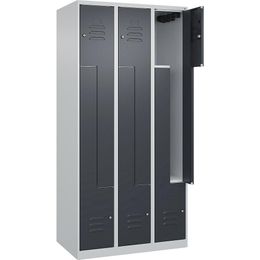 C+P Z-Spind Classic PLUS, 3 Abteile, lichtgrau / grau, B 900 mm, mit Bodengleitern, Zylinderschloss