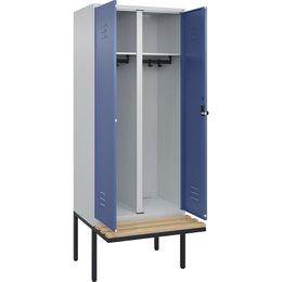 C+P Schwarz-Weiß-Spind Classic PLUS Sitzbank, 1 Abteil, lichtgrau / fernblau, B 800 mm, Sicherheits-Drehriegel, auskragend, Buche-Hartholz