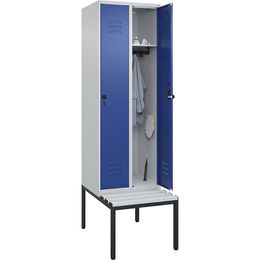 C+P Spind Classic PLUS Sitzbank, 2 Abteile, lichtgrau / enzianblau, B 600 mm, Sicherheits-Drehriegel, untergebaut, Kunststoff