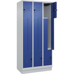 C+P Z-Spind Classic PLUS, 3 Abteile, lichtgrau / enzianblau, B 900 mm, mit Bodensockel, Drehriegel