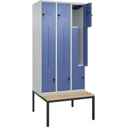 C+P Z-Spind Classic PLUS Sitzbank, 3 Abteile, lichtgrau / fernblau, B 900 mm, Sicherheits-Drehriegel, untergebaut, Buche-Hartholz