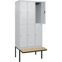 C+P Doppelstock-Spind Classic PLUS Sitzbank, 3 Abteile, lichtgrau, B 900 mm, Zylinderschloss, auskragend, Buche-Hartholz