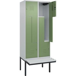 C+P Z-Spind Classic PLUS Sitzbank, 2 Abteile, lichtgrau / resedagrün, B 800 mm, Zylinderschloss, auskragend, Kunststoff