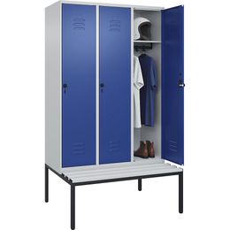 C+P Spind Classic PLUS Sitzbank, 3 Abteile, lichtgrau / enzianblau, B 1200 mm, Sicherheits-Drehriegel, untergebaut, Kunststoff