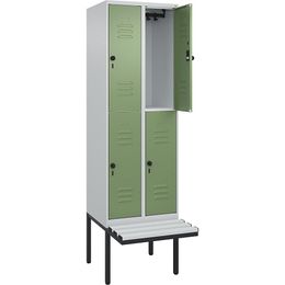 C+P Doppelstock-Spind Classic PLUS Sitzbank, 2 Abteile, lichtgrau / resedagrün, B 600 mm, Sicherheits-Drehriegel, auskragend, Kunststoff