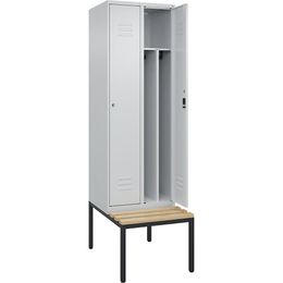 C+P Schwarz-Weiß-Spind Classic PLUS Sitzbank, schmal, 2 Abteile, Trennwand verkürzt, lichtgrau, B 600 mm, Zylinderschloss, untergebaut, Buche-Hartholz