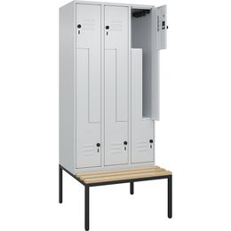C+P Z-Spind Classic PLUS Sitzbank, 3 Abteile, lichtgrau, B 900 mm, Sicherheits-Drehriegel, untergebaut, Buche-Hartholz