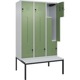 C+P Z-Spind Classic PLUS Sitzbank, 3 Abteile, lichtgrau / resedagrün, B 1200 mm, Sicherheits-Drehriegel, untergebaut, Kunststoff