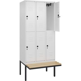 C+P Doppelstock-Spind Classic PLUS Sitzbank, 3 Abteile, verkehrsweiß, B 900 mm, Sicherheits-Drehriegel, auskragend, Buche-Hartholz