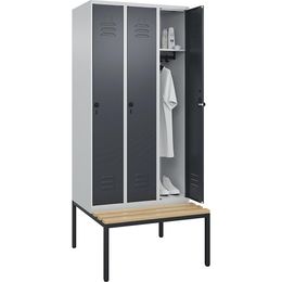 C+P Spind Classic PLUS Sitzbank, 3 Abteile, lichtgrau / grau, B 900 mm, Sicherheits-Drehriegel, untergebaut, Buche-Hartholz