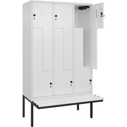 C+P Z-Spind Classic PLUS Sitzbank, 3 Abteile, verkehrsweiß, B 1200 mm, Sicherheits-Drehriegel, auskragend, Kunststoff