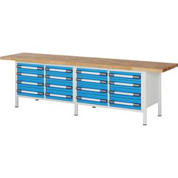 eurokraft pro Werkbank, Gestellbauweise Serie 8000, 16 Schubladen: 8 x 120, 8 x 150 mm, BxT 3000 x 700 mm