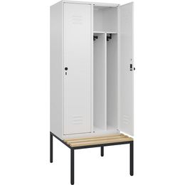C+P Schwarz-Weiß-Spind Classic PLUS Sitzbank, schmal, 2 Abteile, Trennwand verkürzt, verkehrsweiß, B 800 mm, Sicherheits-Drehriegel, untergebaut, Buche-Hartholz
