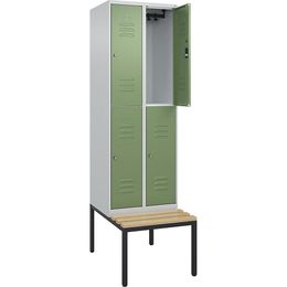 C+P Doppelstock-Spind Classic PLUS Sitzbank, 2 Abteile, lichtgrau / resedagrün, B 600 mm, Zylinderschloss, untergebaut, Buche-Hartholz