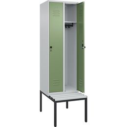 C+P Spind Classic PLUS Sitzbank, 2 Abteile, lichtgrau / resedagrün, B 600 mm, Sicherheits-Drehriegel, untergebaut, Kunststoff
