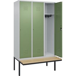 C+P Spind Classic PLUS Sitzbank, 3 Abteile, lichtgrau / resedagrün, B 1200 mm, Zylinderschloss, auskragend, Buche-Hartholz