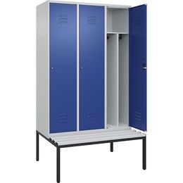 C+P Schwarz-Weiß-Spind Classic PLUS Sitzbank, schmal, 3 Abteile, Trennwand verkürzt, lichtgrau / enzianblau, B 1200 mm, Zylinderschloss, untergebaut, Kunststoff