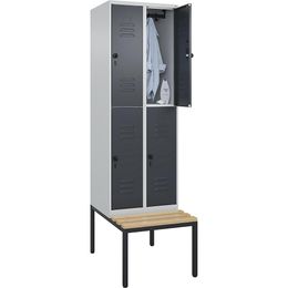 C+P Doppelstock-Spind Classic PLUS Sitzbank, 2 Abteile, lichtgrau / grau, B 600 mm, Sicherheits-Drehriegel, untergebaut, Buche-Hartholz