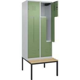 C+P Z-Spind Classic PLUS Sitzbank, 2 Abteile, lichtgrau / resedagrün, B 800 mm, Zylinderschloss, untergebaut, Buche-Hartholz