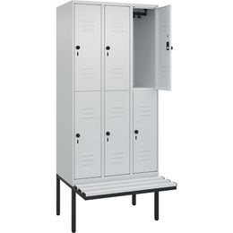 C+P Doppelstock-Spind Classic PLUS Sitzbank, 3 Abteile, lichtgrau, B 900 mm, Sicherheits-Drehriegel, auskragend, Kunststoff