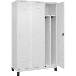 C+P Schwarz-Weiß-Spind Classic PLUS, schmal, 3 Abteile, Trennwand verkürzt, verkehrsweiß, B 1200 mm, mit Füßen, Zylinderschloss, Trennwand mittig