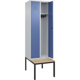C+P Spind Classic PLUS Sitzbank, 2 Abteile, lichtgrau / fernblau, B 600 mm, Zylinderschloss, untergebaut, Buche-Hartholz