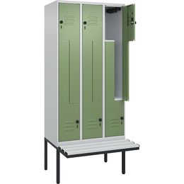 C+P Z-Spind Classic PLUS Sitzbank, 3 Abteile, lichtgrau / resedagrün, B 900 mm, Sicherheits-Drehriegel, auskragend, Kunststoff