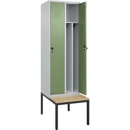 C+P Schwarz-Weiß-Spind Classic PLUS Sitzbank, schmal, 2 Abteile, Trennwand verkürzt, lichtgrau / resedagrün, B 600 mm, Sicherheits-Drehriegel, untergebaut, Buche-Hartholz