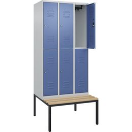 C+P Doppelstock-Spind Classic PLUS Sitzbank, 3 Abteile, lichtgrau / fernblau, B 900 mm, Zylinderschloss, untergebaut, Buche-Hartholz
