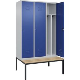 C+P Schwarz-Weiß-Spind Classic PLUS Sitzbank, schmal, 3 Abteile, Trennwand verkürzt, lichtgrau / enzianblau, B 1200 mm, Zylinderschloss, untergebaut, Buche-Hartholz