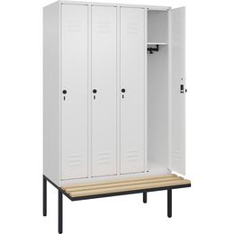 C+P Spind Classic PLUS Sitzbank, 4 Abteile, verkehrsweiß, B 1200 mm, Sicherheits-Drehriegel, auskragend, Buche-Hartholz