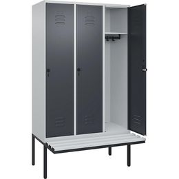 C+P Spind Classic PLUS Sitzbank, 3 Abteile, lichtgrau / grau, B 1200 mm, Sicherheits-Drehriegel, auskragend, Kunststoff