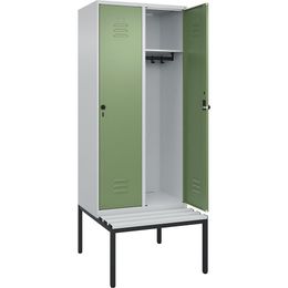 C+P Spind Classic PLUS Sitzbank, 2 Abteile, lichtgrau / resedagrün, B 800 mm, Sicherheits-Drehriegel, untergebaut, Kunststoff