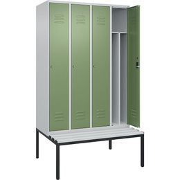 C+P Schwarz-Weiß-Spind Classic PLUS Sitzbank, schmal, 4 Abteile, Trennwand verkürzt, lichtgrau / resedagrün, B 1200 mm, Zylinderschloss, untergebaut, Kunststoff