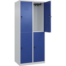 C+P Doppelstock-Spind Classic PLUS, 2 Abteile, lichtgrau / enzianblau, HxB 1850 x 800 mm, mit Bodengleitern, Drehriegel