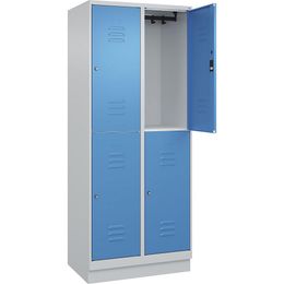 C+P Doppelstock-Spind Classic PLUS, 2 Abteile, lichtgrau / lichtblau, HxB 1950 x 800 mm, mit Bodensockel, Zylinderschloss